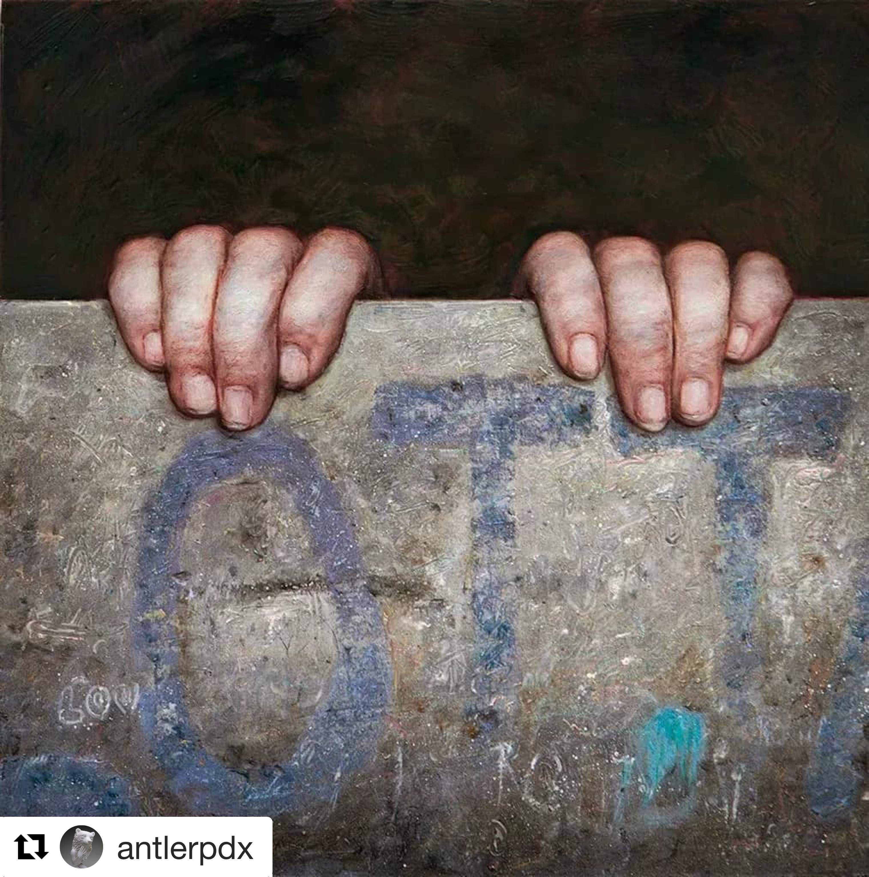 Two Kilroy Hands (Italian Wall), 2017, Oil on Panel, 12×12 Sold – Dan Witz